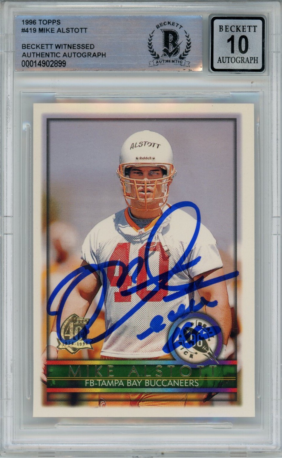 Mike Alstott Signed Tampa Bay Bucs 1996 Topps #419 Beckett Auto 10 ...