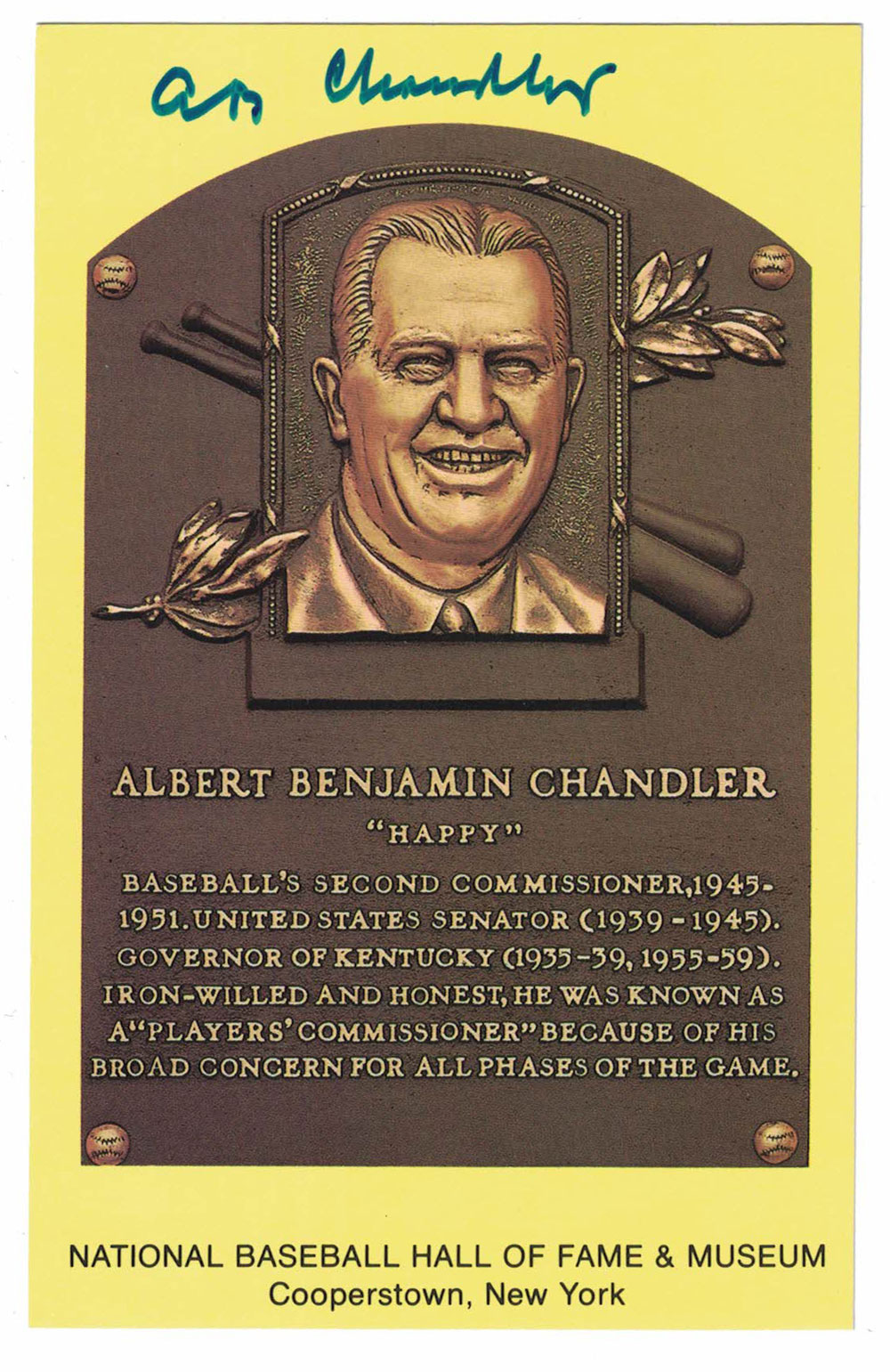 Albert Chandler Autographed/Signed MLB Hall Of Fame Plaque Postcard BAS ...