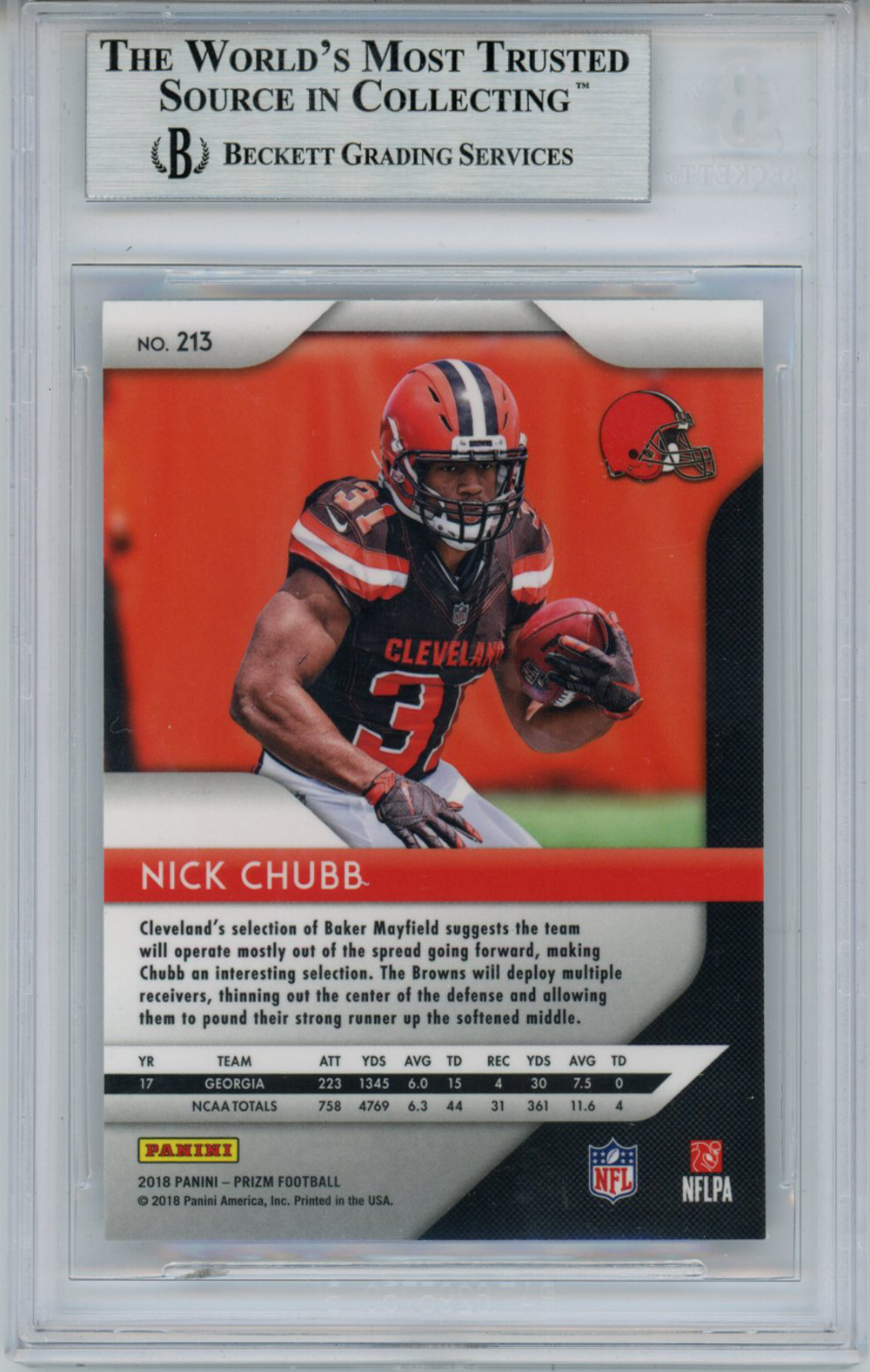 Nick Chubb Autographed 2018 Panini Prizm #213 Rookie Card Beckett Slab ...