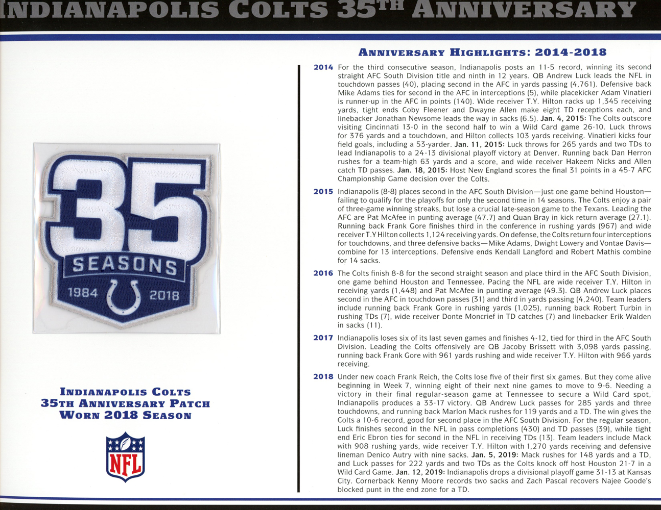 Indianapolis Colts 10th Anniversary Patch Stat Card Official Willabee ...
