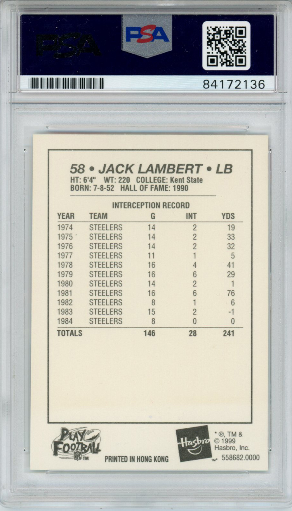 Jack Lambert Signed 1999 Hasbro Starting Lineup Trading Card PSA Slab ...