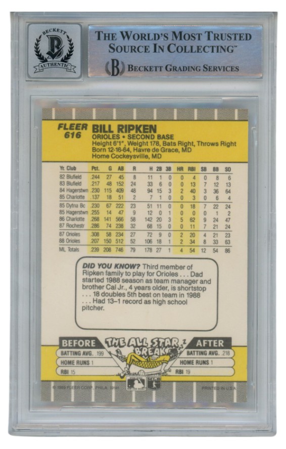 Billy Ripken Autographed 1989 Fleer 616 Error Card 10 Grade Beckett