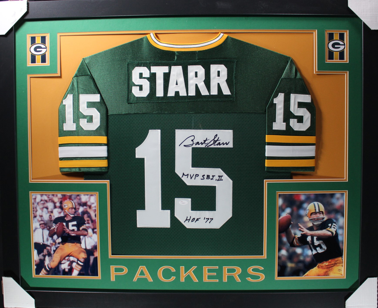 Bart Starr Autographed/Signed Pro Style Framed Green XL Jersey JSA ...